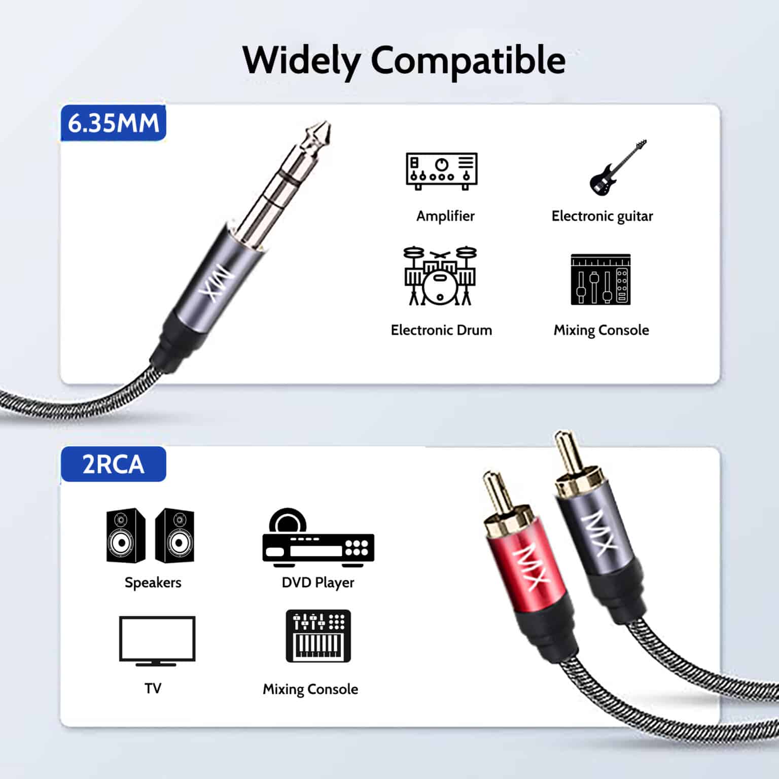 MX 6.35 mm P-38 MONO MALE TO 2 RCA MALE CABLE 3M, Black MX 3997A - MX ...