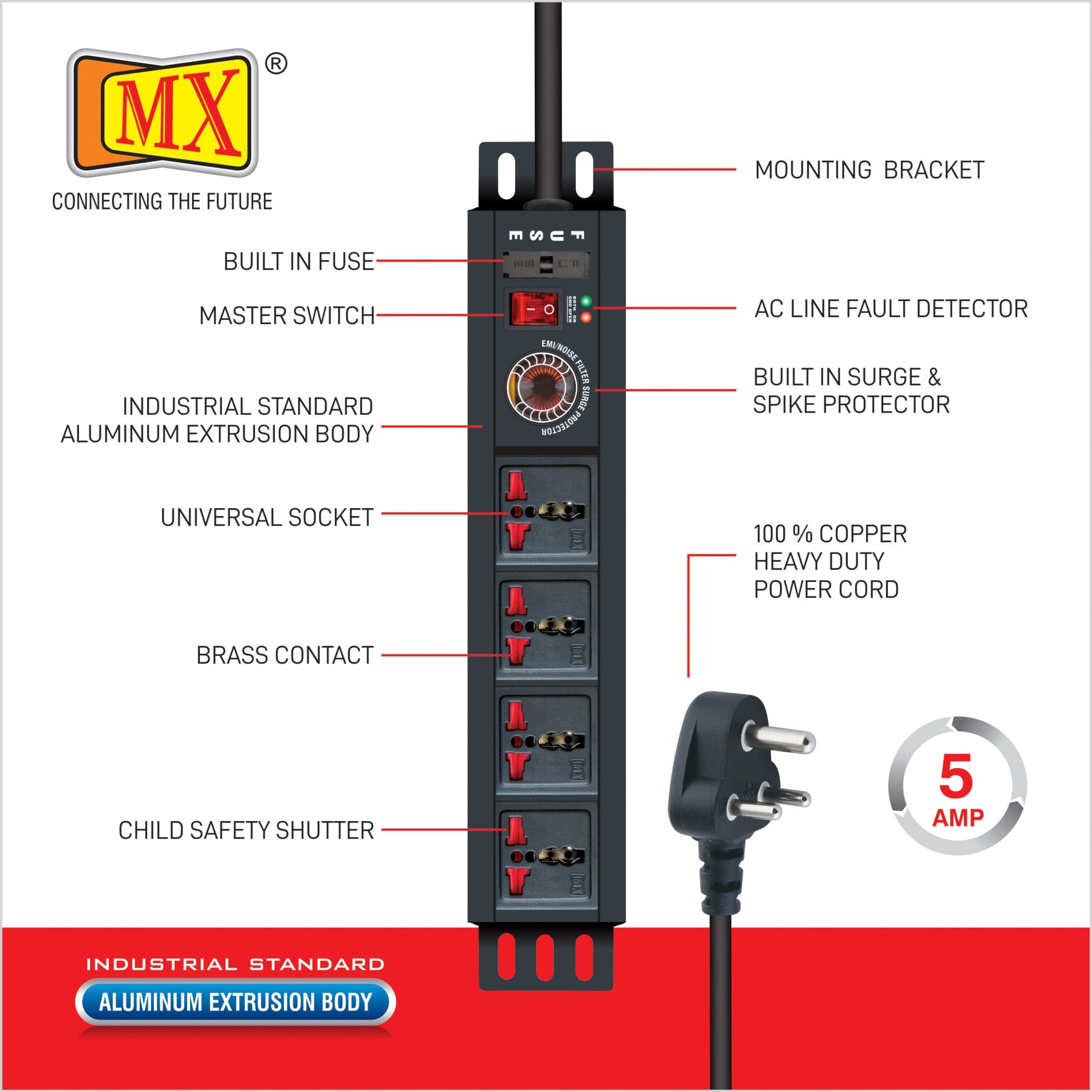 MX 4 Outlet Power Distribution Unit With Universal Socket and Spike ...