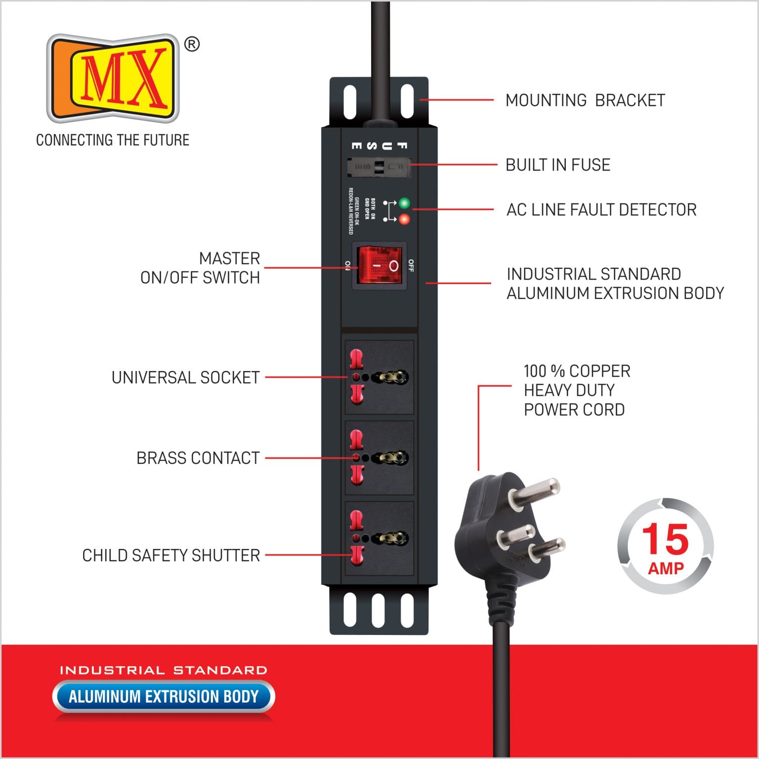 MX 3-Outlet Power Distribution Unit with Universal 15 Amp Sockets and a ...