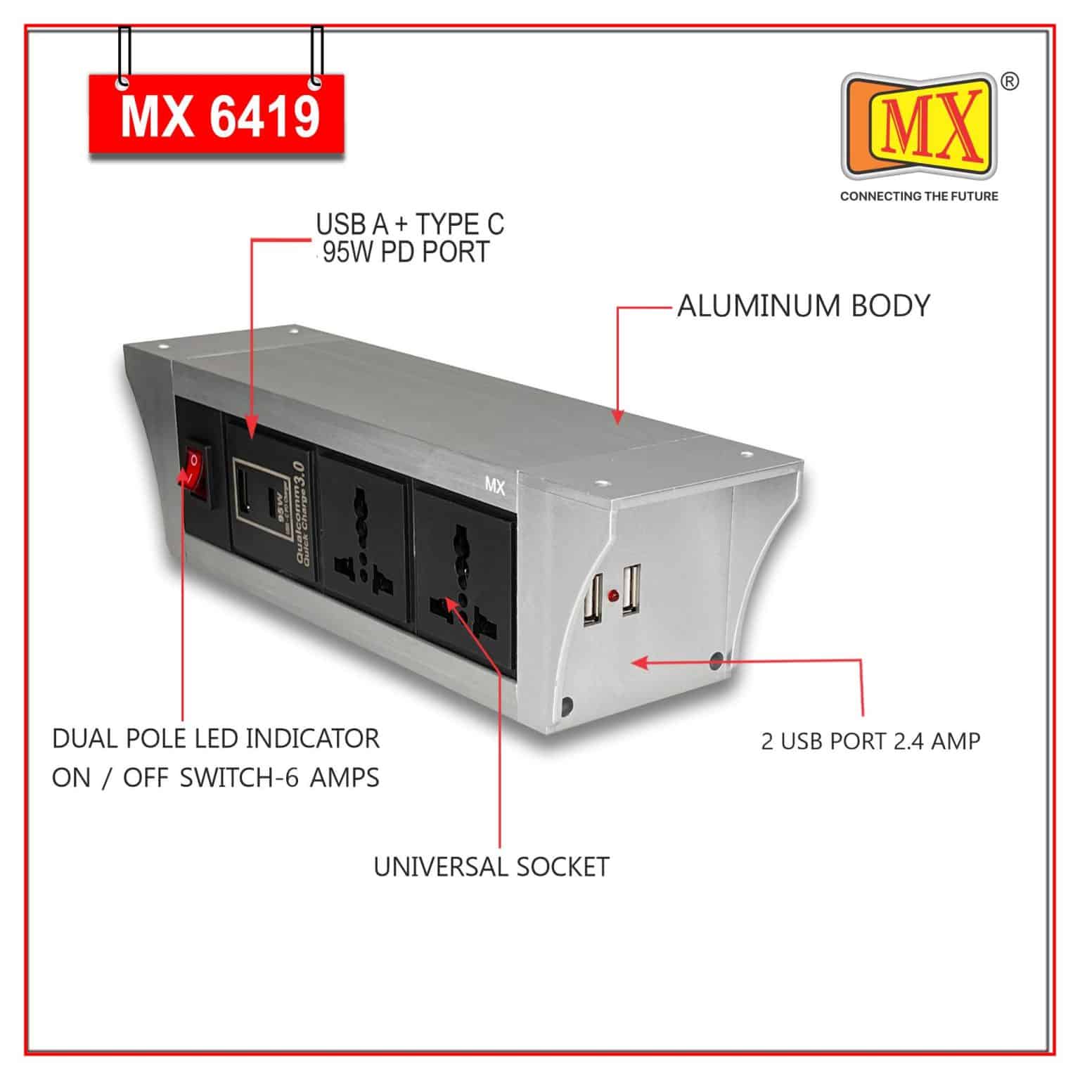 MX PDU Under table 6/13 Amps 2 Universal Socket | 2 USB (2.4 Amp) with ...
