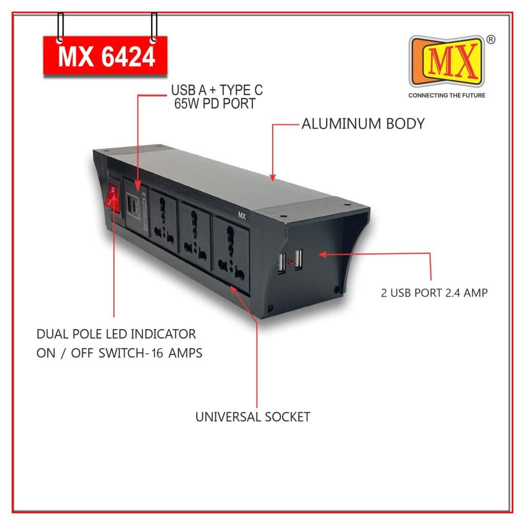 MX PDU Under table 6/16 Amps 3 Universal Socket | 2 USB (2.4 Amp) with ...
