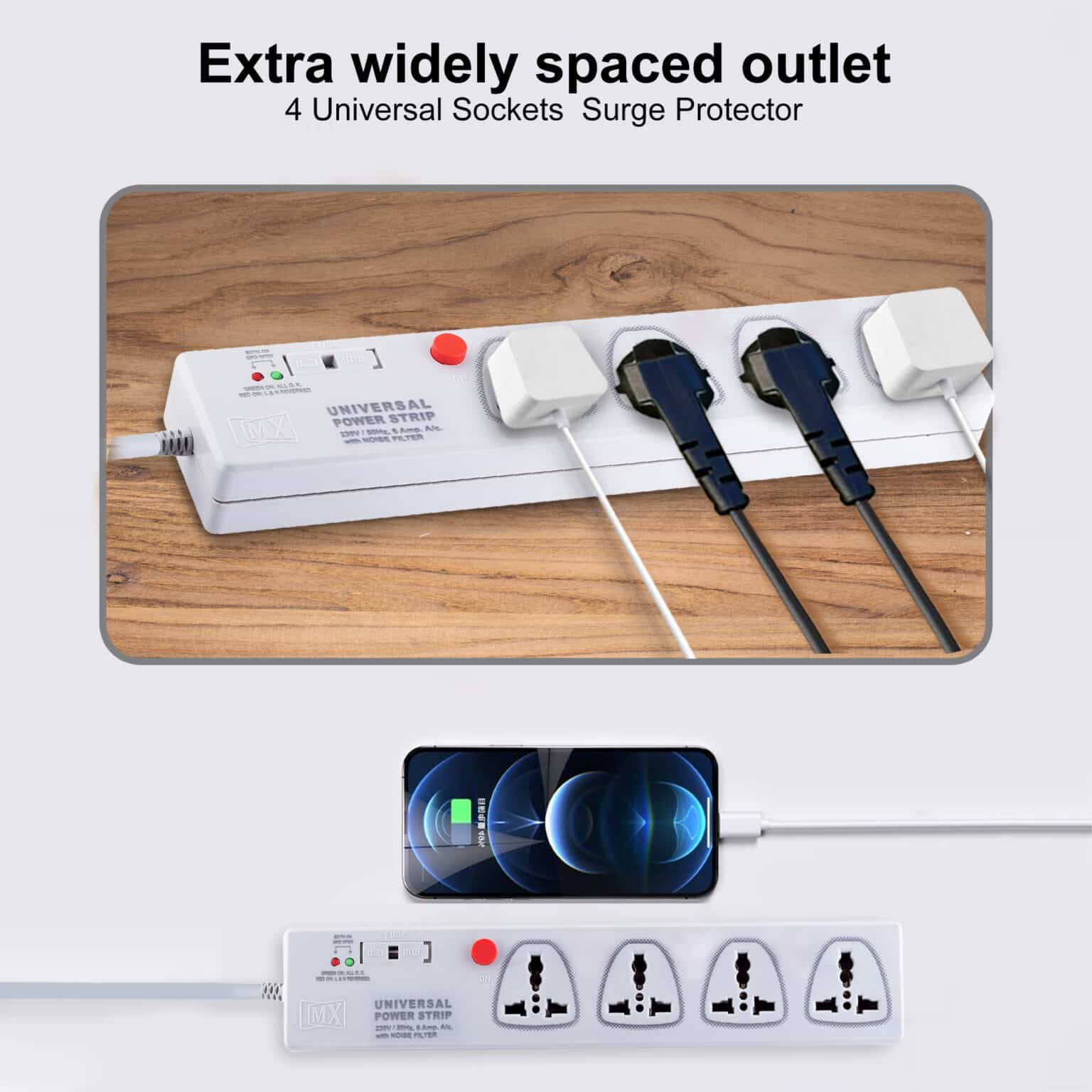 MX 4 Outlet Power Strip With Universal Socket - Master Switch With ...