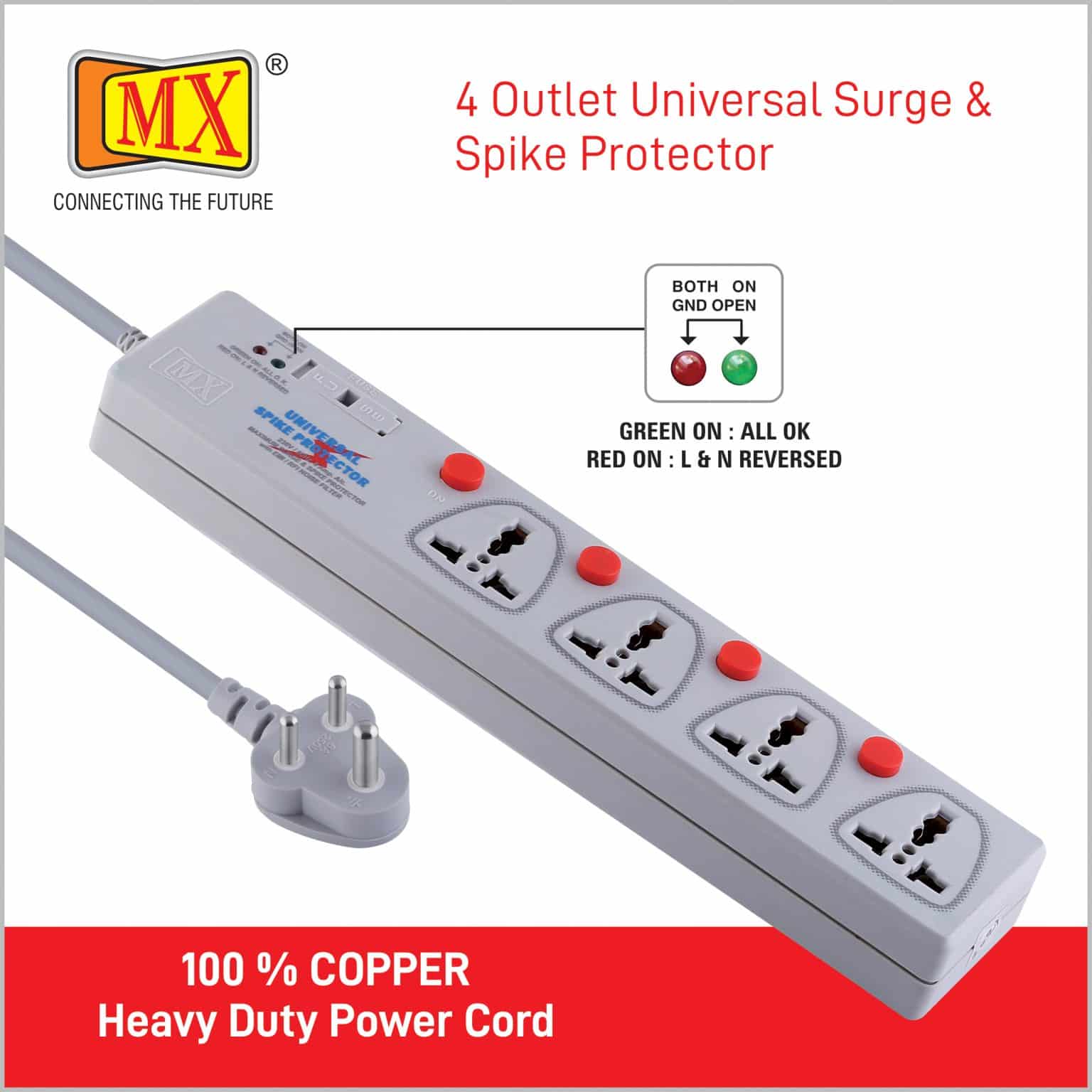 MX 4 Outlet Spike / Surge Protector With Universal Socket - Individual ...