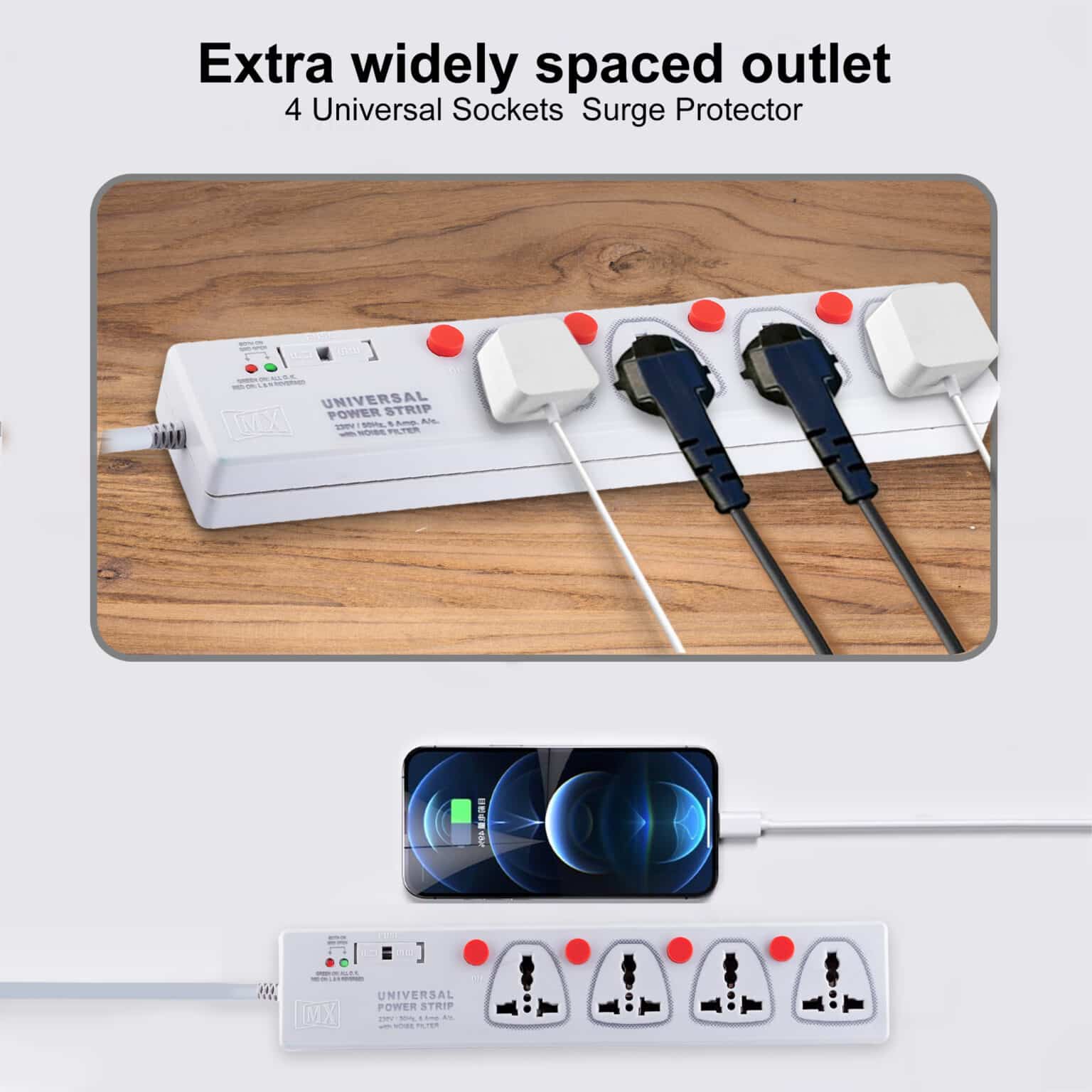 MX 4 Outlet Power Strip With Universal Socket - Individual Switch For ...